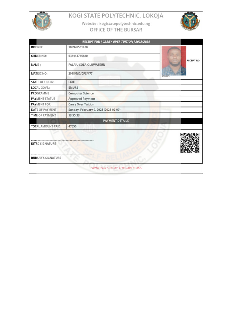 Receipt - Kogi State Poly | PDF