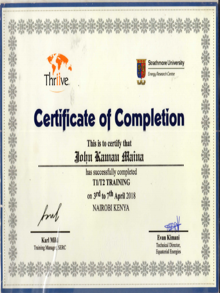Certificate of Completion for T1/T2 Training | PDF