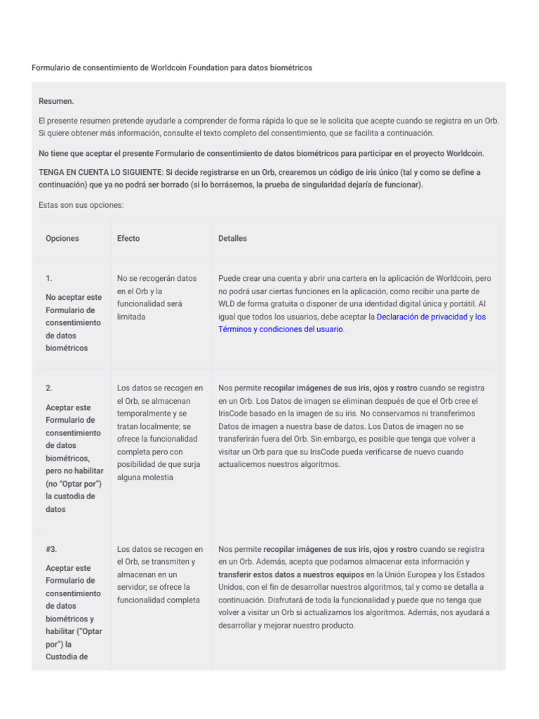 Consentimiento para Datos Biométricos en Worldcoin | PDF | Tecnologías de la información ...