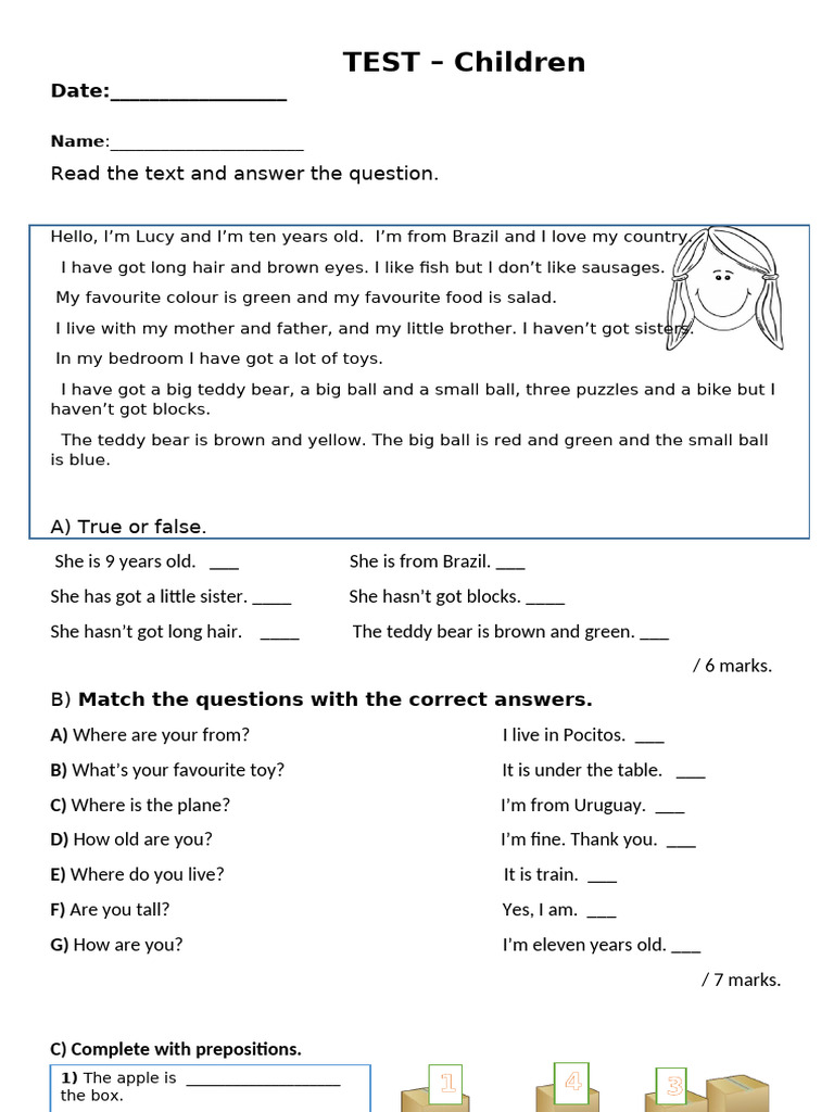 Test Children Elementary Reading Comprehension Exercises Writing ...