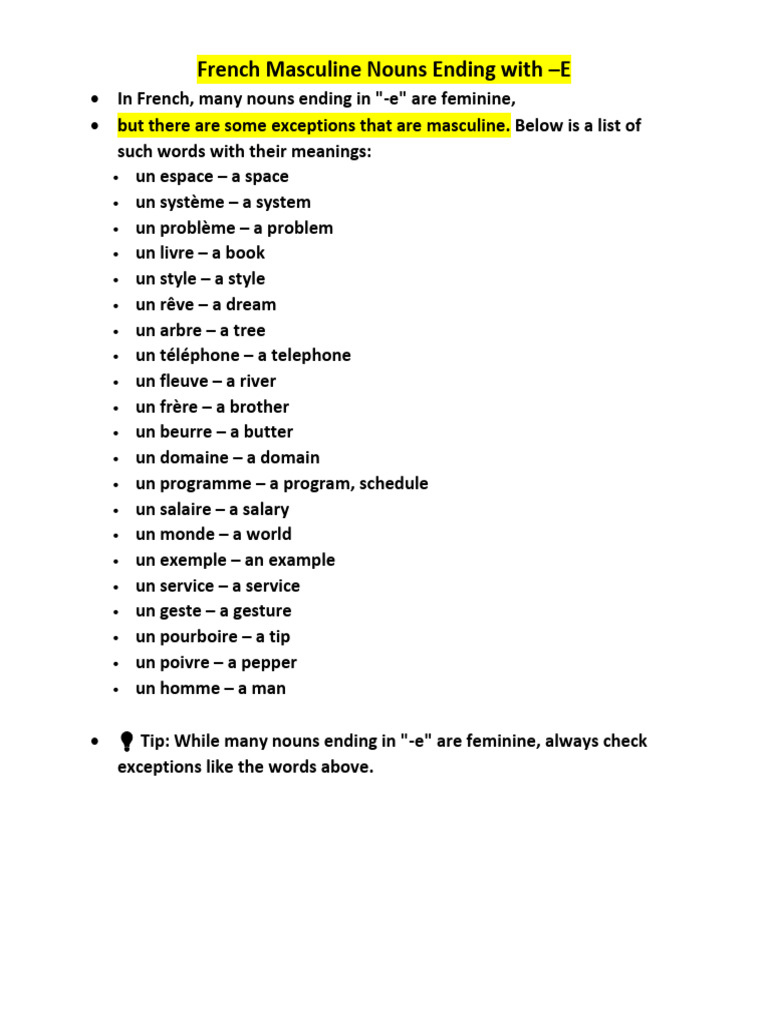 French Masculine Nouns Ending With 'E' | PDF