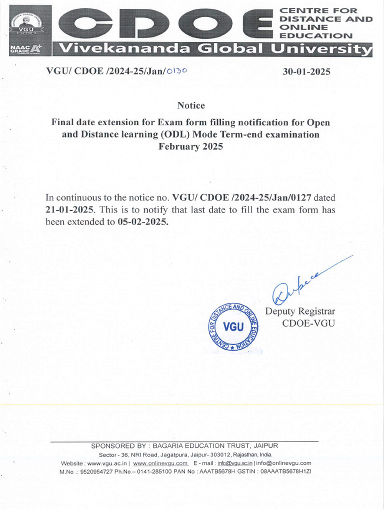 Notice For Final Date Extension For Exam Form Filling Notification (ODL) | PDF