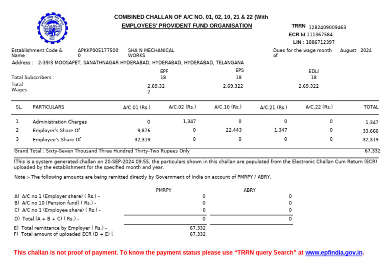 EPF Combined Challan for August 2024 | PDF | Economy Of India | Labor ...