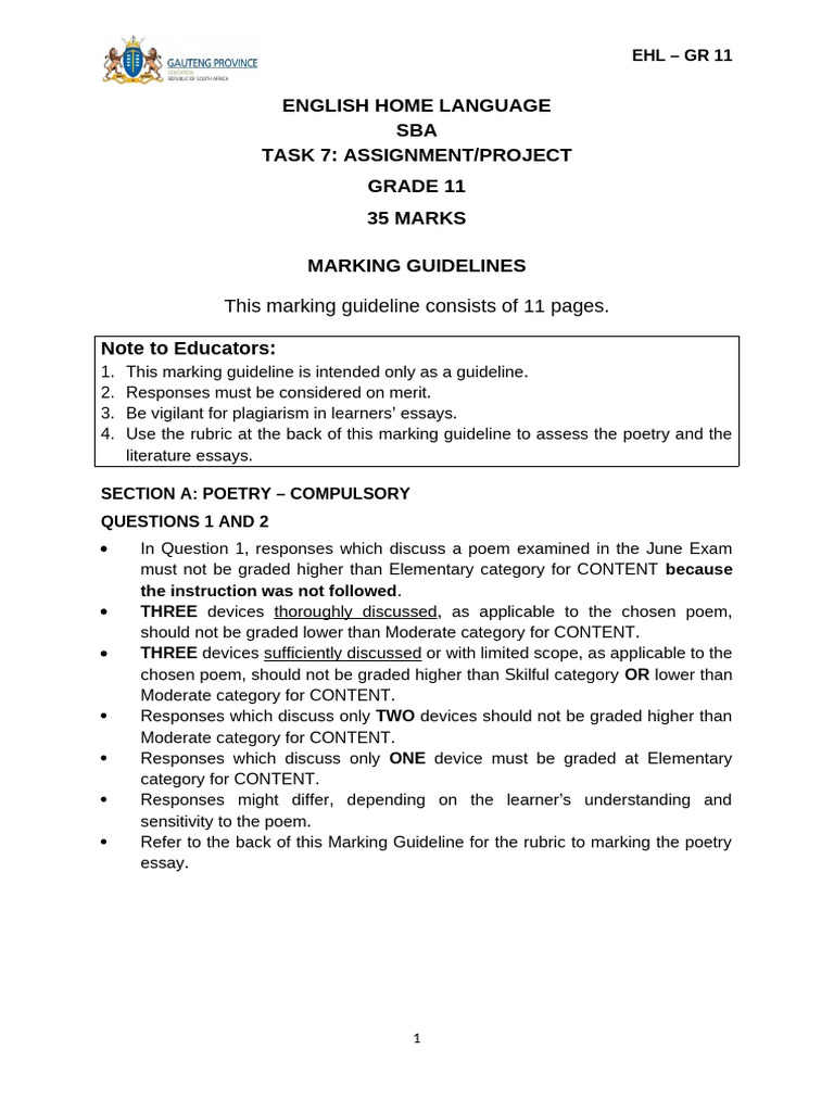 GR 11 SBA - TASK 7 LITERATURE ASSIGNMENT - MARKING GUIDELINE - June ...