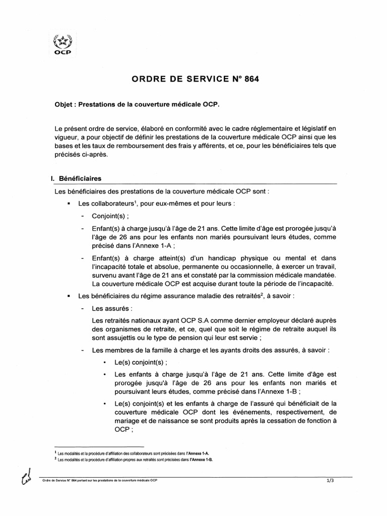 OS 864 Prestations de La Couverture Médicale OCP | PDF
