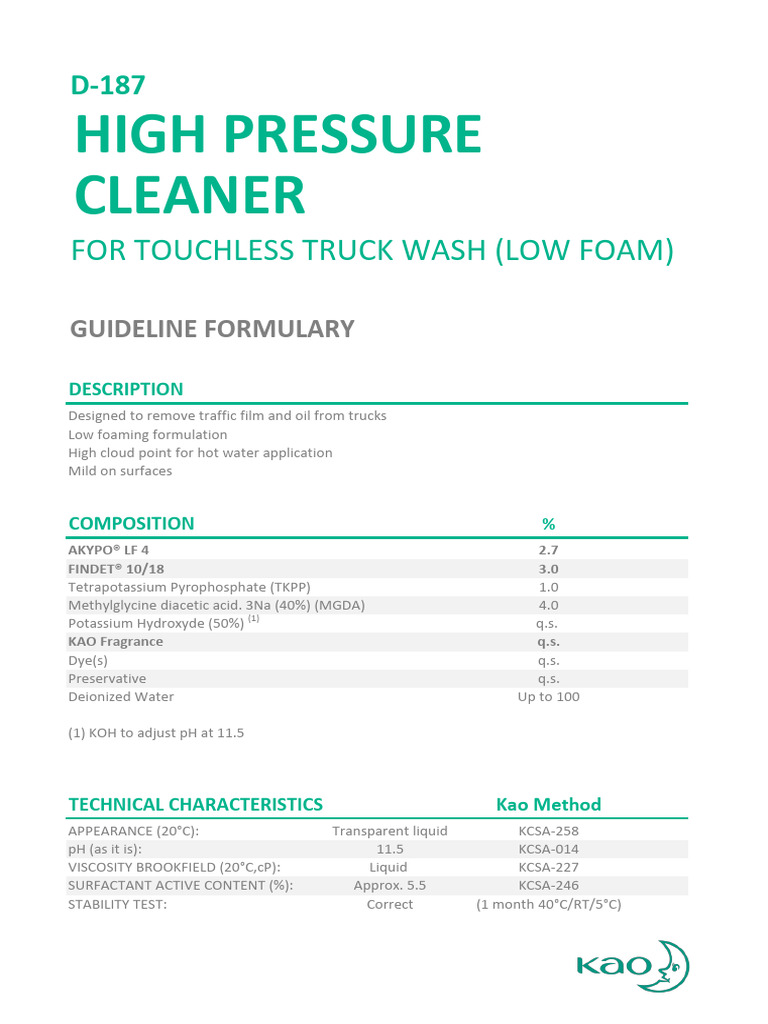 Formula Kao D 187 Truck Wash High Pressure Low Foam | PDF | Surfactant ...