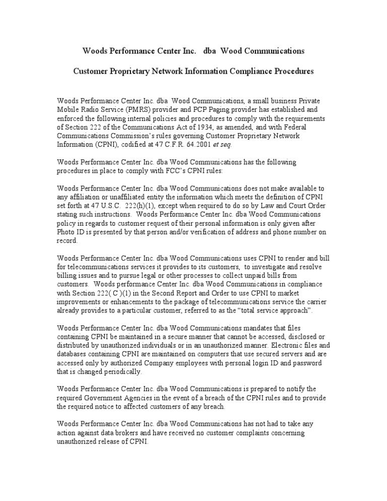 CPNI Compliance Statement | PDF | Section Summary Of The Patriot Act ...