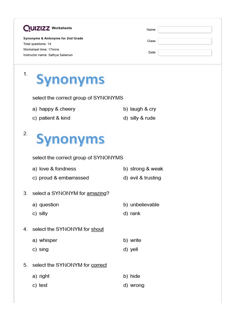 Synonyms and Antonyms - Quizizz 2 | PDF