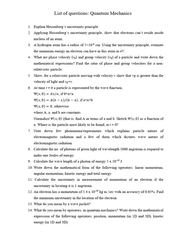 List of Question_quantum Mechanics | PDF | Electron | Atoms
