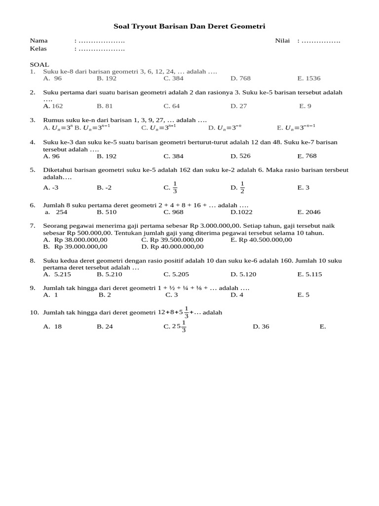 Soal Tryout Matematika Barisan Dan Deret Geometri Kelas X (Siswa) | PDF