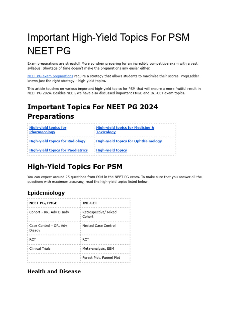 High-Yield PSM Topics for NEET PG 2024 | PDF | Biostatistics | Epidemiology
