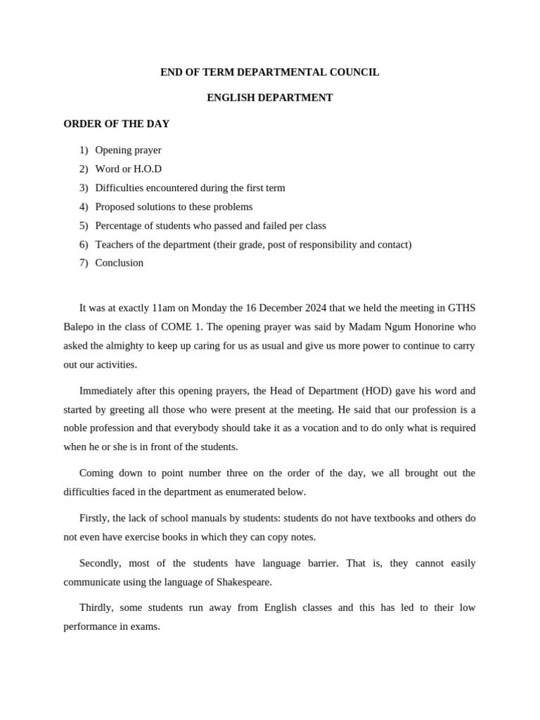 English Department Meeting Summary | PDF