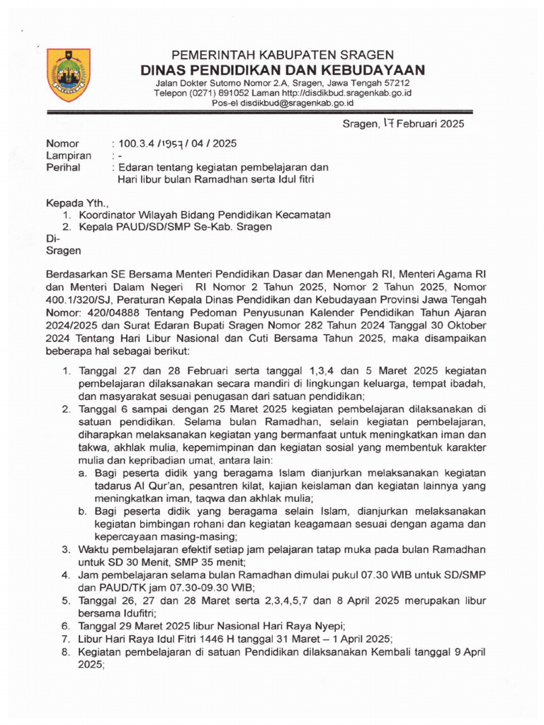 Edaran Tentang Kegiatan Pembelajaran Di Bulan Ramadhan Dan Hari Libur Idul Fitri | PDF