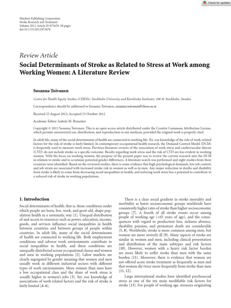 Stroke Research and Treatment - 2012 - Toivanen - Social Determinants of Stroke As Related To ...