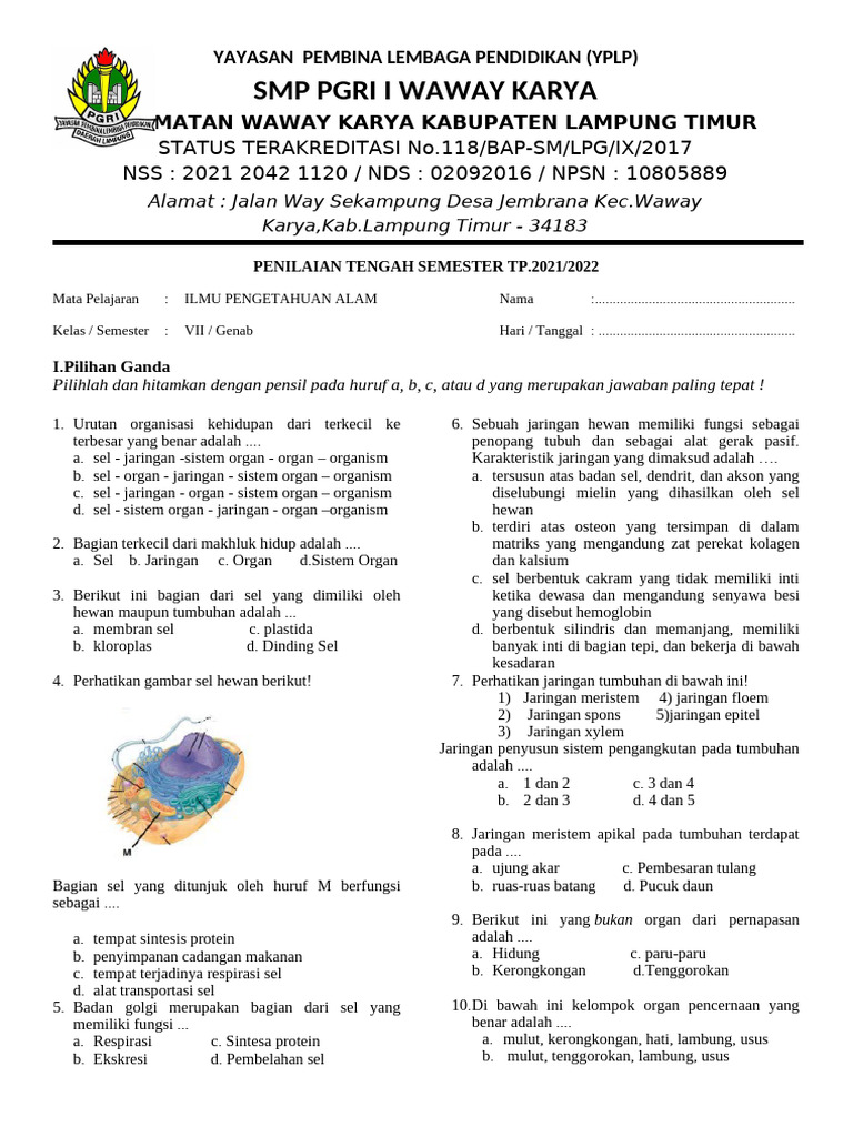 Soal PTS IPA Kelas 7 2020 2021 | PDF