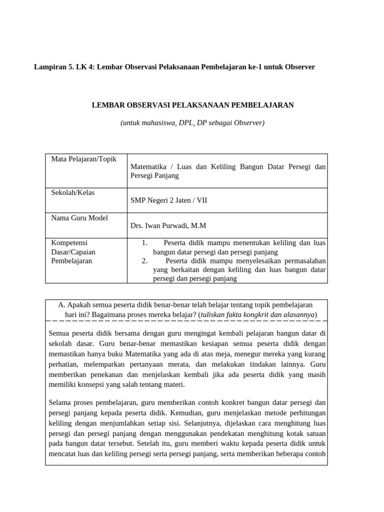 Lembar Observasi Pelaksanaan Pembelajaran Ke-1 Untuk Observer | PDF