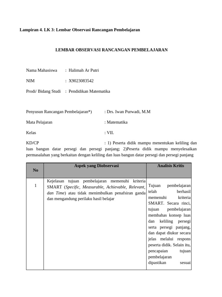 Lembar Observasi Rancangan Pembelajaran Ke-1 | PDF