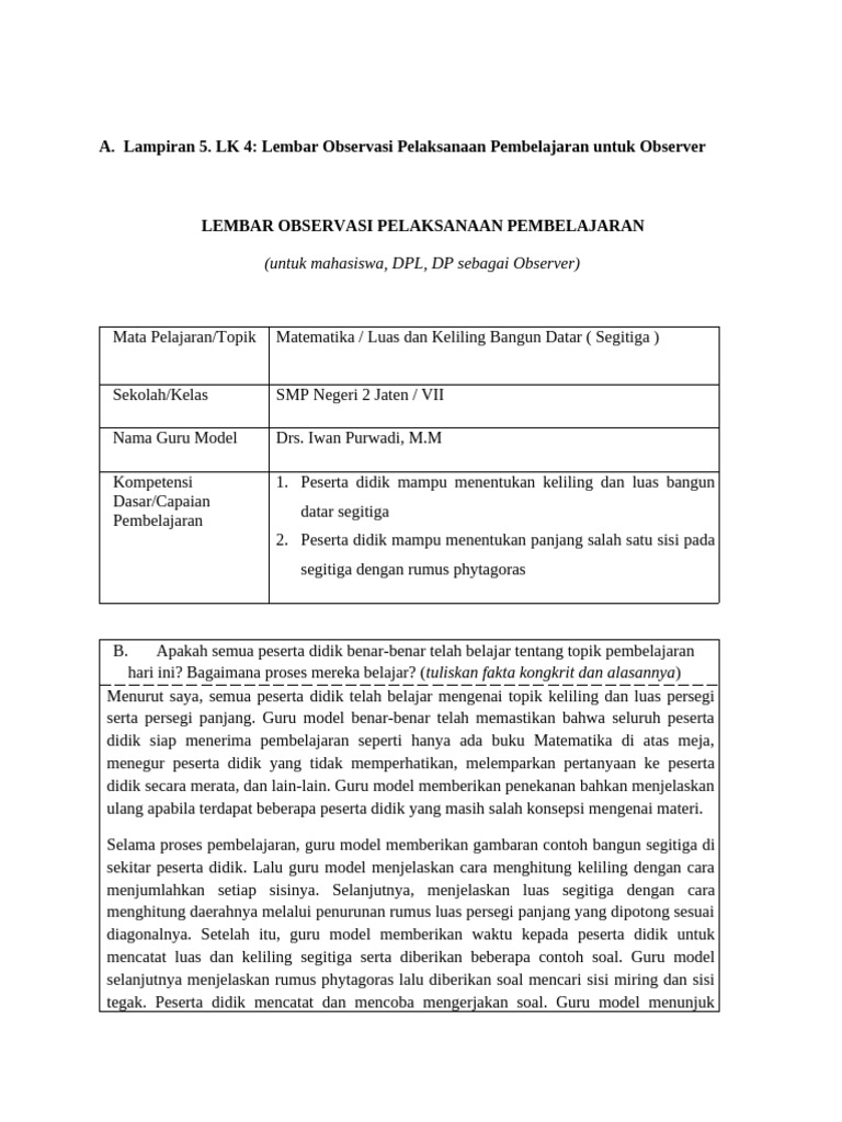 Lembar Observasi Pelaksanaan Pembelajaran ke-2 untuk Observer | PDF