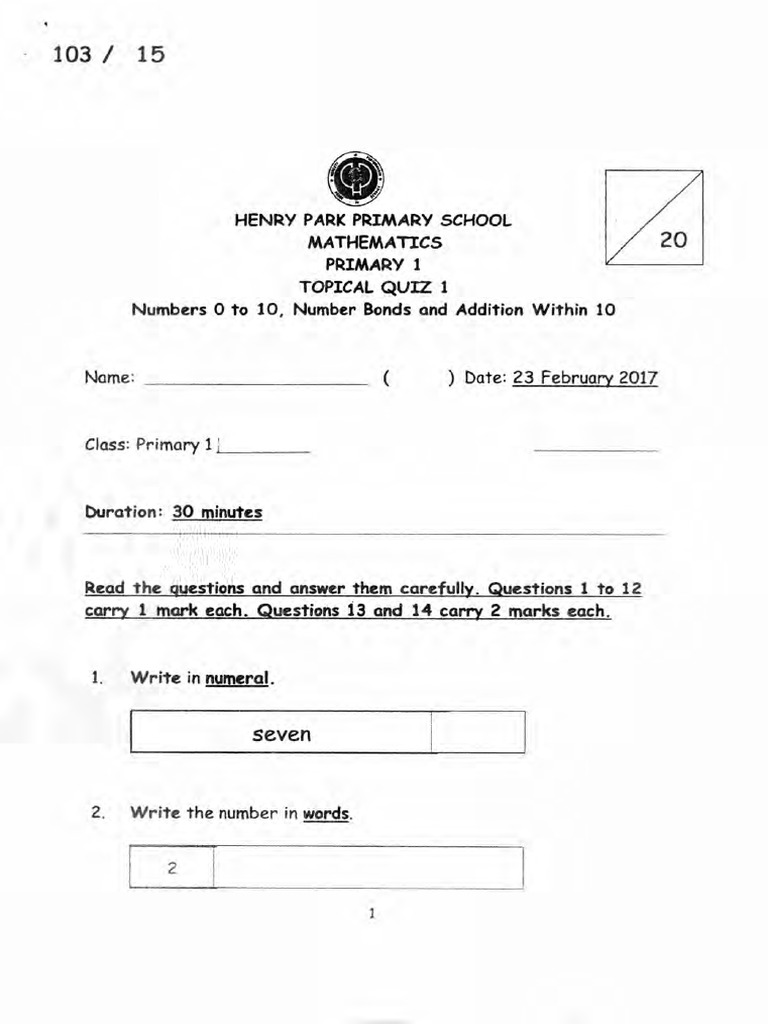2017 P1 Maths Test Henry Park | PDF