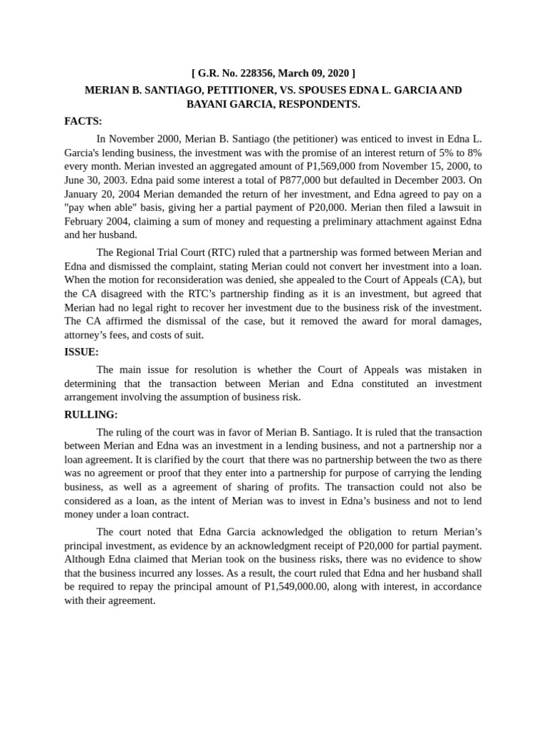 Merian B. Santiago vs. Edna Garcia: Investment Ruling | PDF | Lawsuit ...