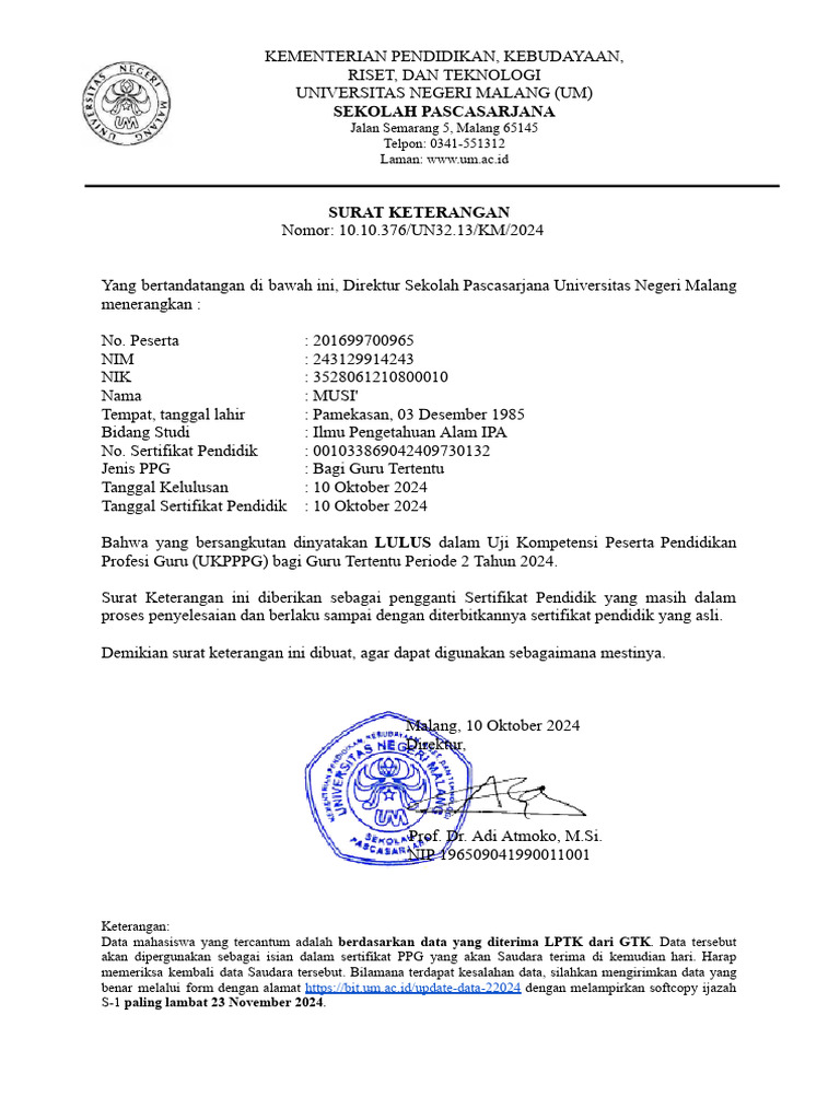 Surat Keterangan Lulus PPG - MUSI' | PDF