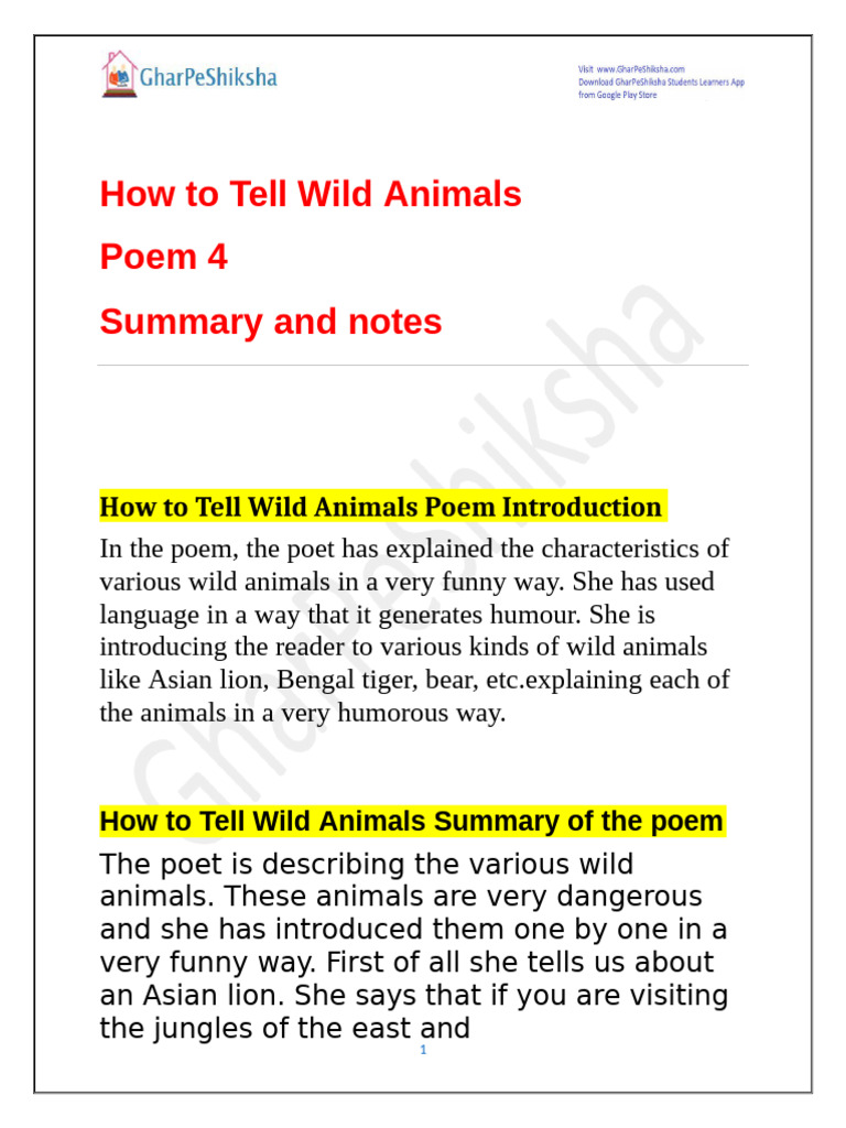 How To Tell Wild Animals Poem 4 Notes and Summary | PDF | Tiger | Poetry