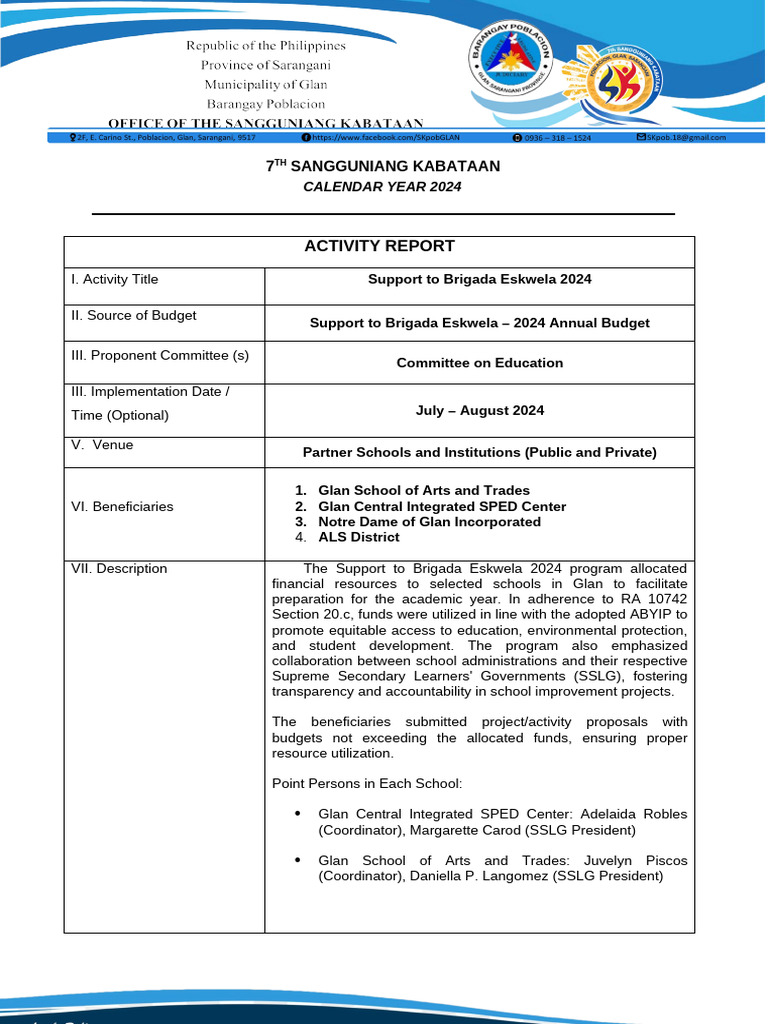 Support To Brigada Eskwela - Activity Report | PDF