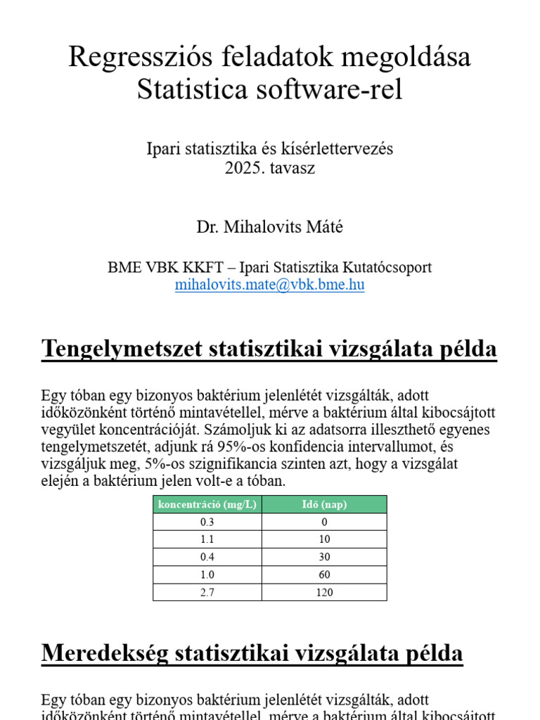 1. Óra - Regressziós Feladatok Megoldása Statistica Software-rel | PDF