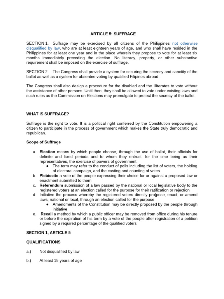 ARTICLE 5_ SUFFRAGE (Sec1) | PDF | Suffrage | Voting