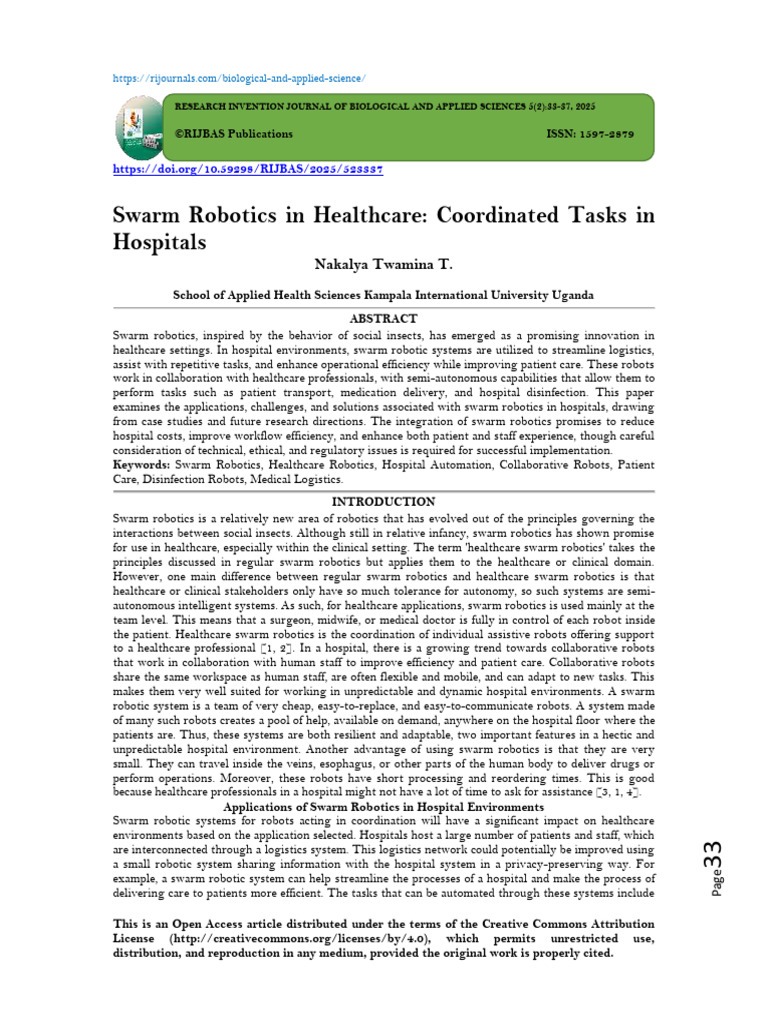 Swarm Robotics in Healthcare: Coordinated Tasks in Hospitals (www.kiu.ac.ug) | PDF | Robotics ...