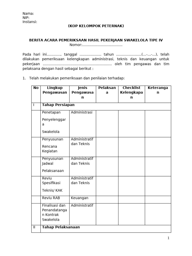 Lampiran 10 - Form Berita Acara Pemeriksaan Swakelola Tipe IV | PDF