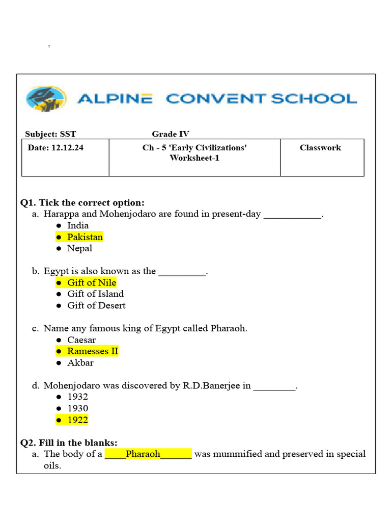 Early Civilizations Worksheet for Grade IV | PDF