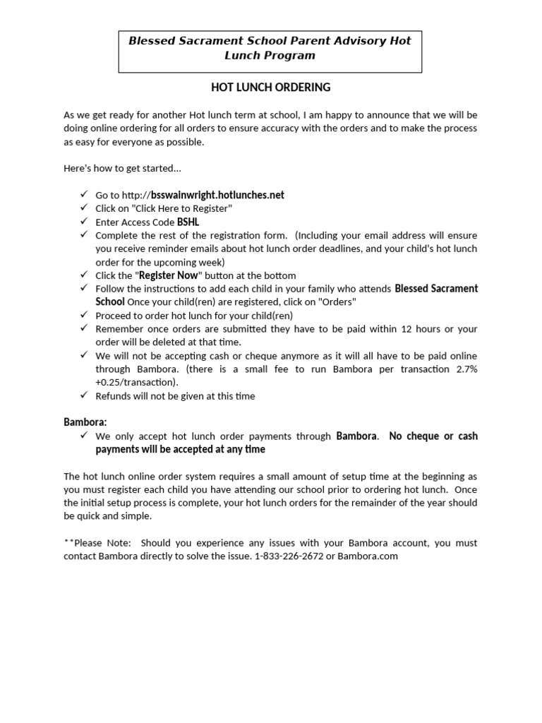 Hot Lunch Ordering: Blessed Sacrament School Parent Advisory Hot Lunch Program | PDF