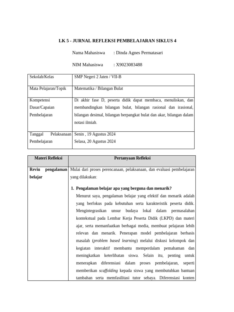 Siklus 4 LK-5 Contoh Jurnal Refleksi Pembelajaran (Dinda) | PDF