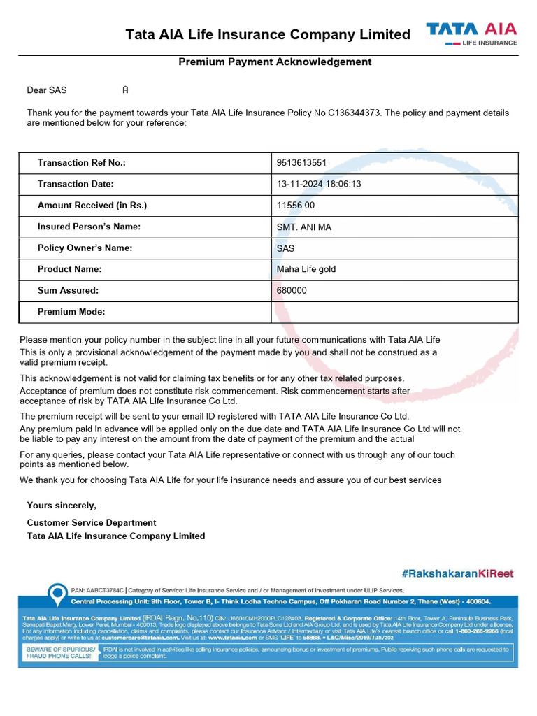 Tata AIA Life Premium Acknowledgement | PDF | Life Insurance | Insurance