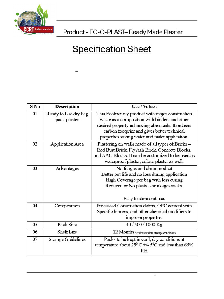 Specification Sheet - Ec-O-Plast | PDF | Plaster | Concrete