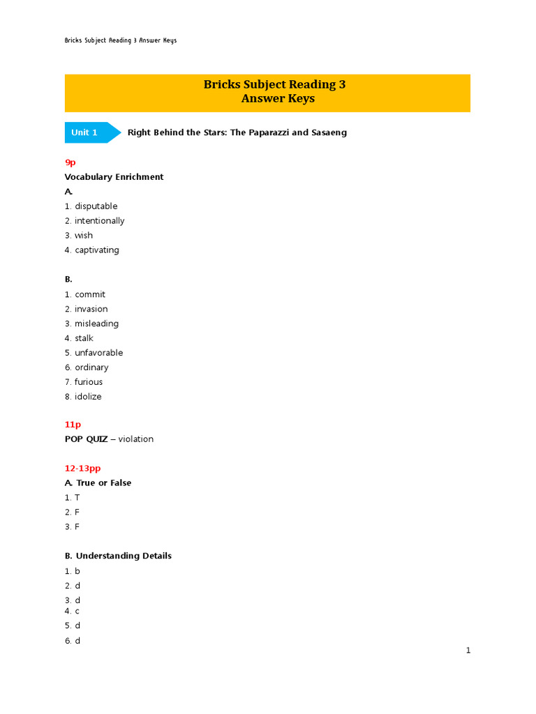 Bricks Subject Reading L3 Answer Key Eng | PDF | Cardiopulmonary Resuscitation