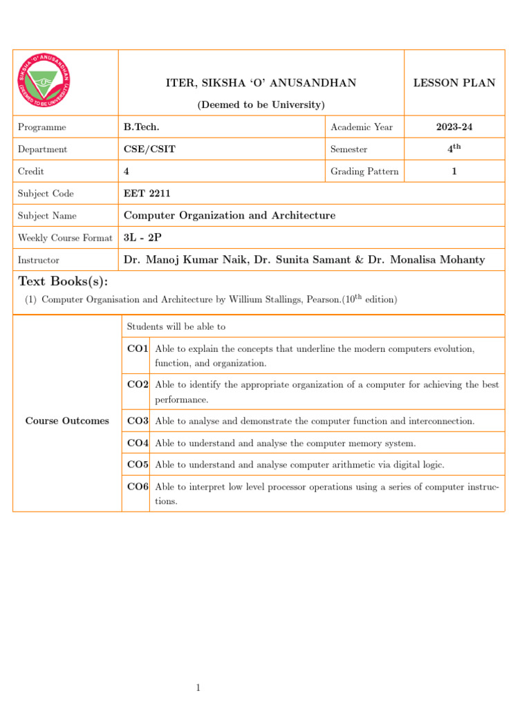 LessonPlan - COA 2023 - 24 | PDF | Central Processing Unit | Arithmetic