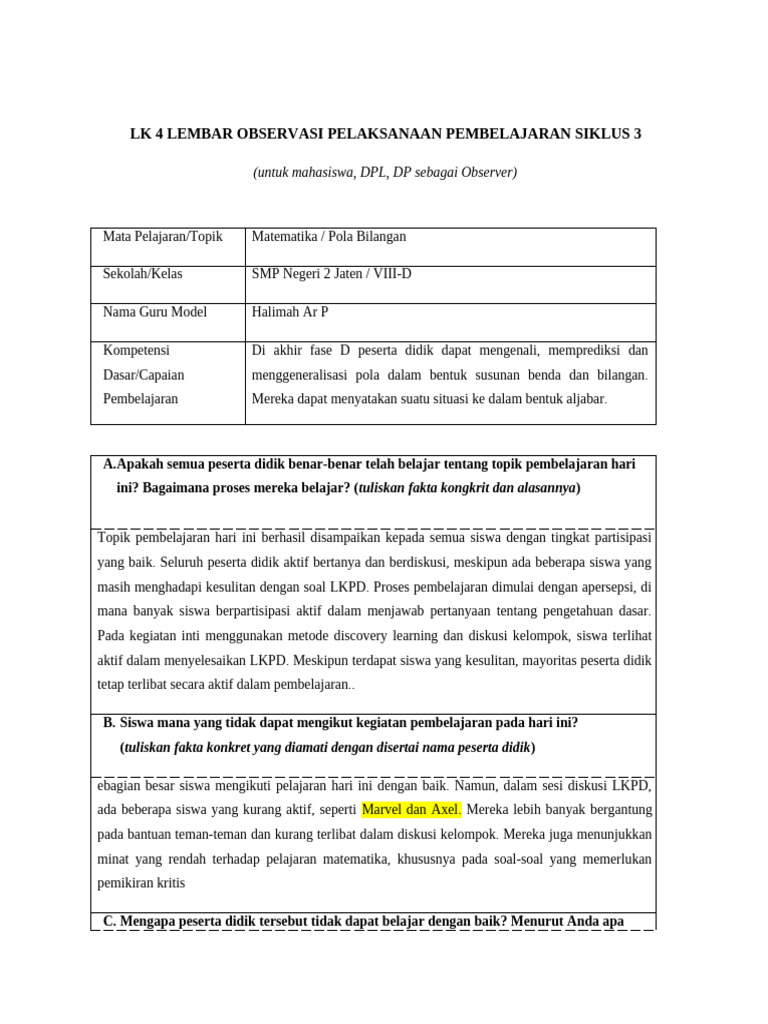 (Iim ) Lampiran 5. LK 4 Format Lembar Observasi Pelaksanaan Pembelajaran untuk Observer Siklus 3 ...