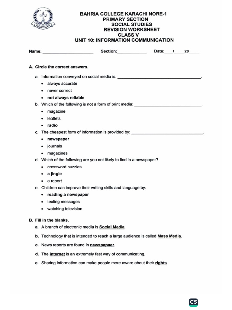 Class V SST Revision Worksheets' Answer Key | PDF