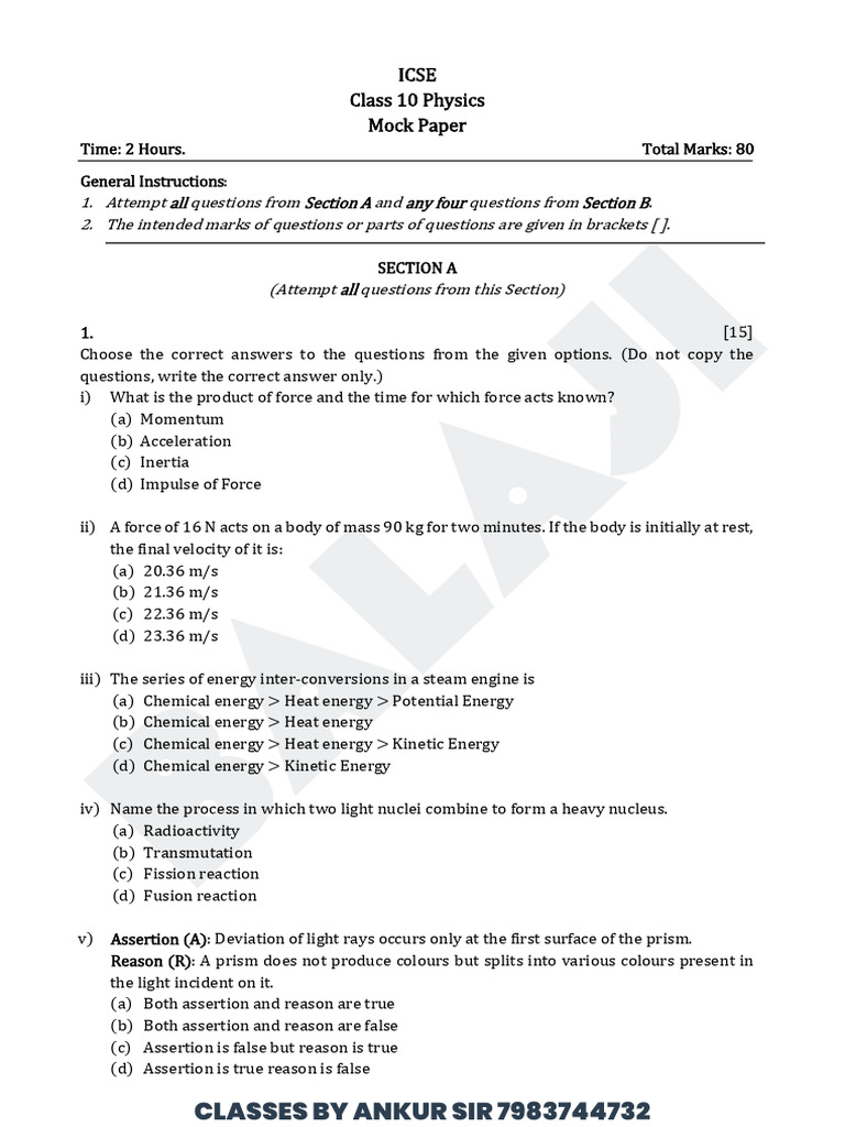 X Icse Mock Paper-2024 Physics | PDF | Force | Physical Quantities
