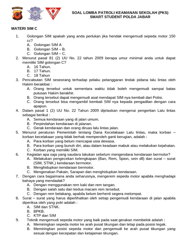 Soal Lomba PKS: Materi SIM C & A | PDF