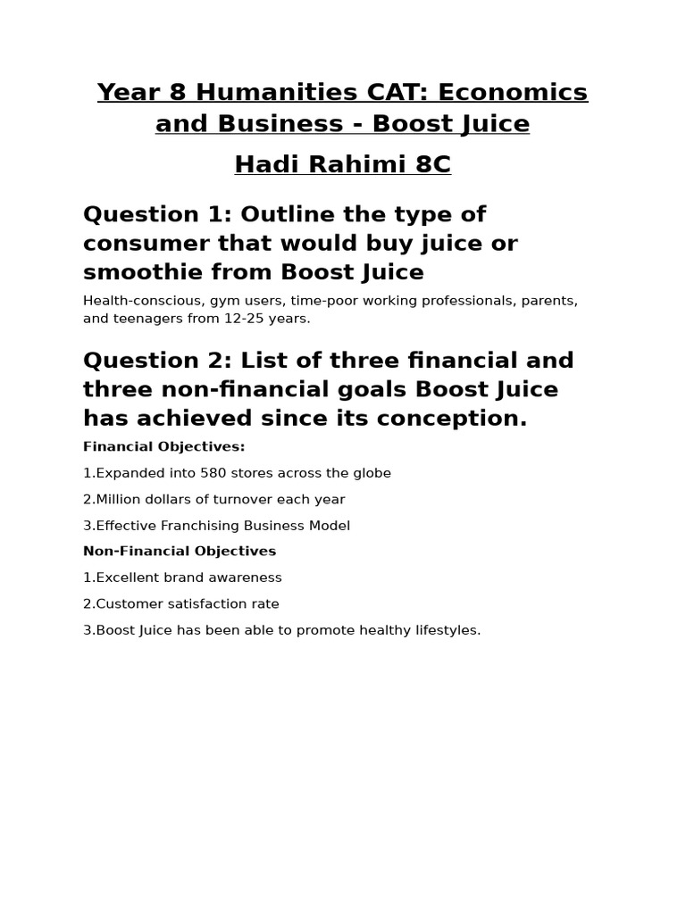 Year 8 Humanities CAT Economics and Business | PDF | Goal | Business ...