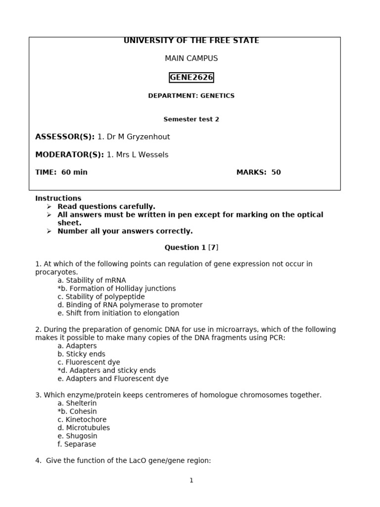 GENE 2626 SemTest 2 MEMO Moderated2024 | PDF | Operon | Repressor