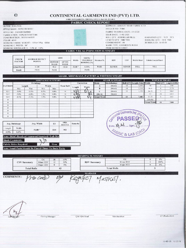 S.Oliver #Style-2165428 & 2169880 Color-6540 #Fabric Inspection Report ...