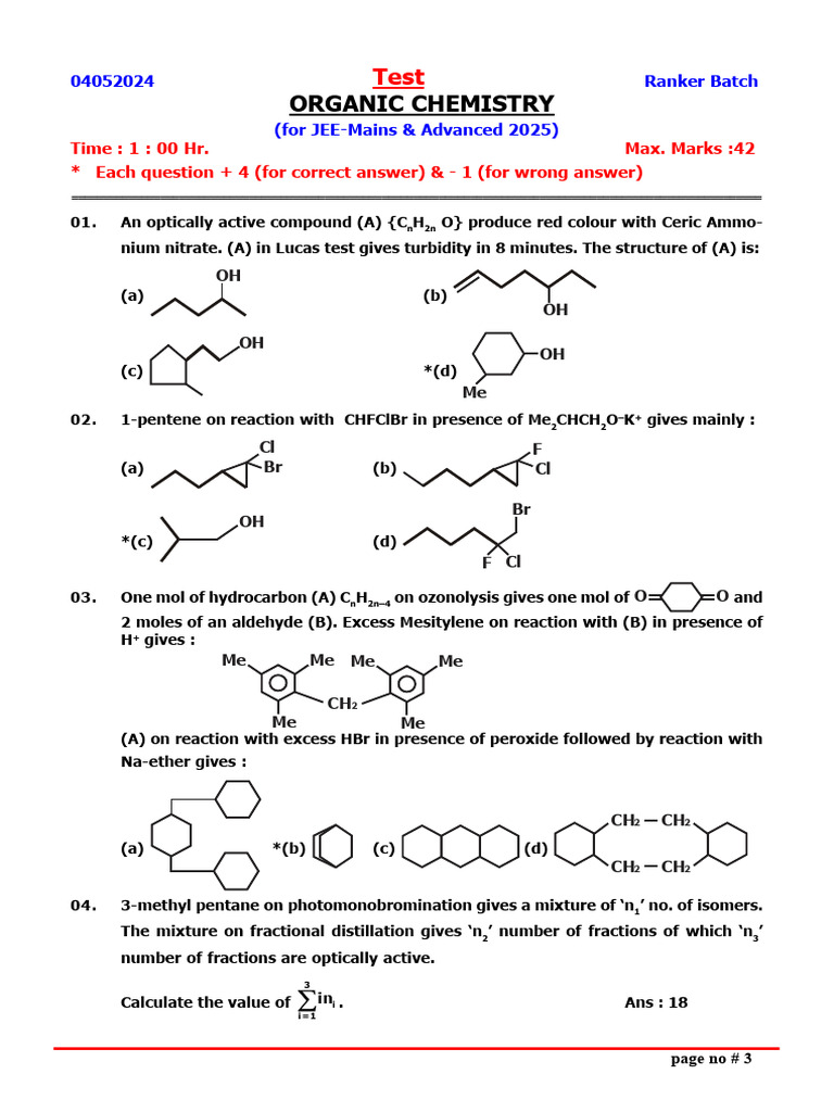 Organic Chemistry JEE-Mains Practice Test | PDF | Chemistry | Organic ...