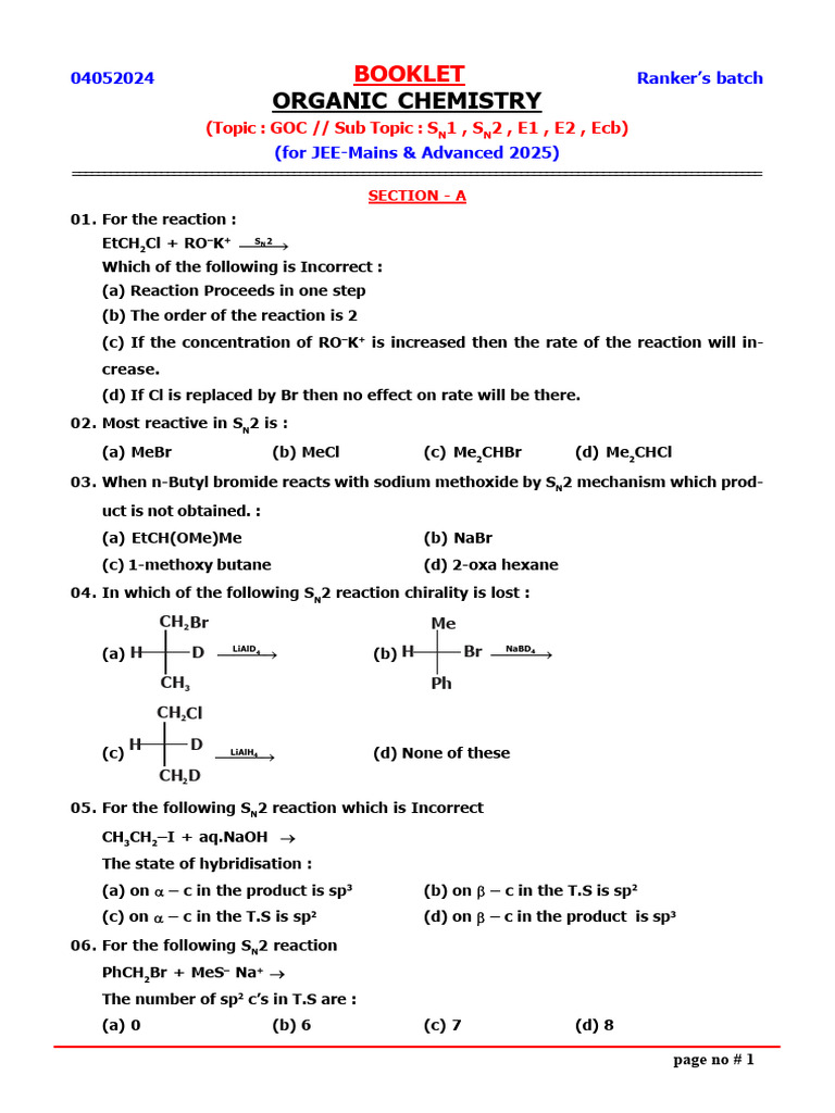 SN1, SN2, E1, E2 Mechanisms Guide | PDF | Chirality (Chemistry ...