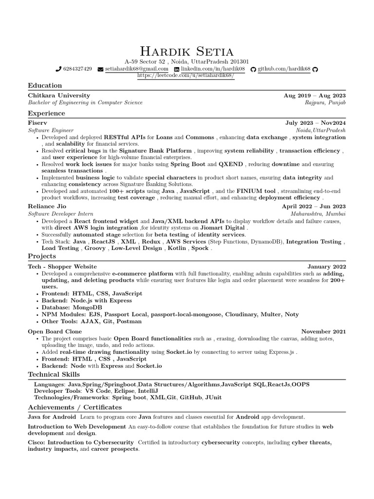 Hardik_s_Resume_Java__Dev_2025 | PDF | Java Script | Information Technology
