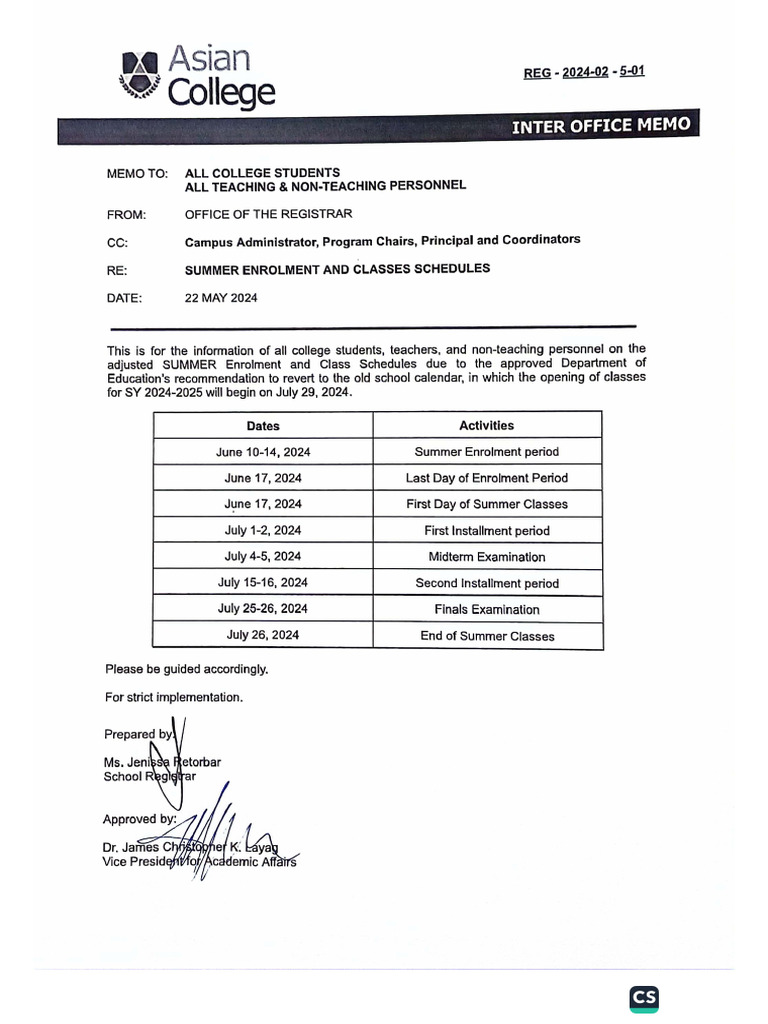 Memo - Summer Enrolment and Classes Schedules | PDF