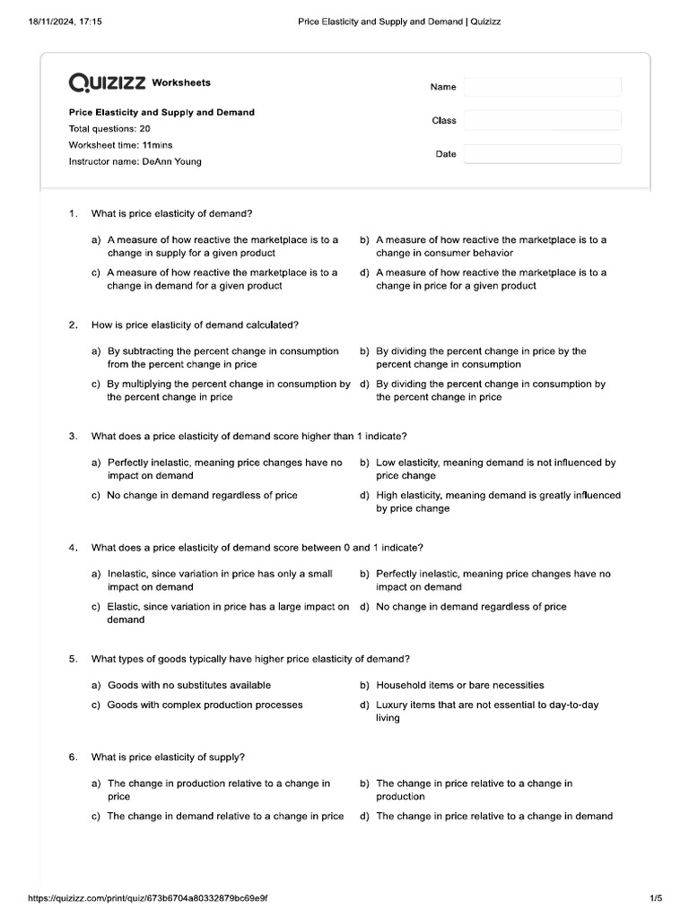 Supply Demand Elasticity Quiz Economics AS Cambridge | PDF